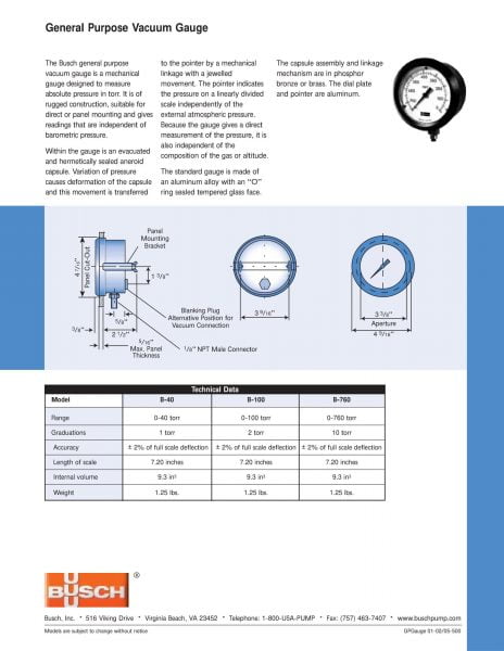 Busch General Purpose Vacuum Gauge Brochure | M&M Equipment Corp