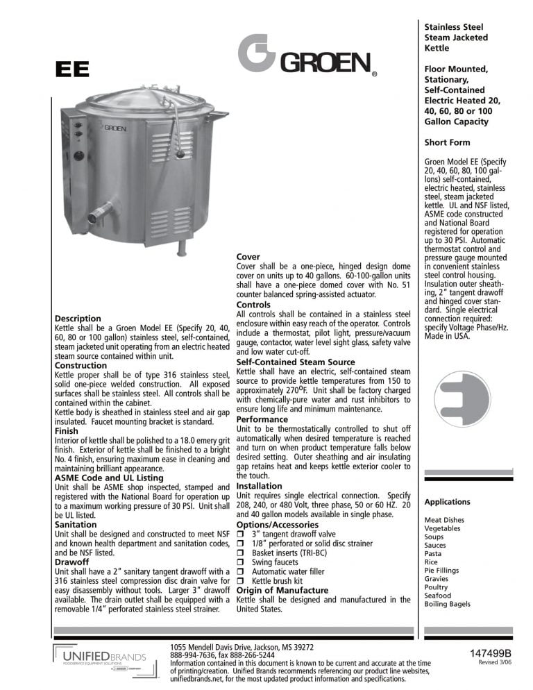 Groen EE Series Steam Jacketed Kettle Brochure | M&M Equipment Corp