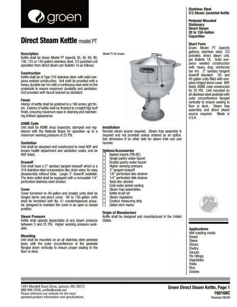 Groen PT Series Direct Steam Kettle Brochure | M&M Equipment Corp