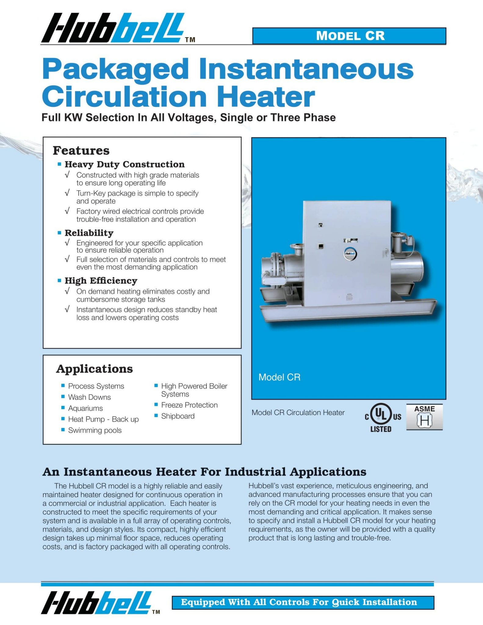 Hubbell CR Packaged Instantaneous Circulation Heater Brochure | M&M Equipment Corp