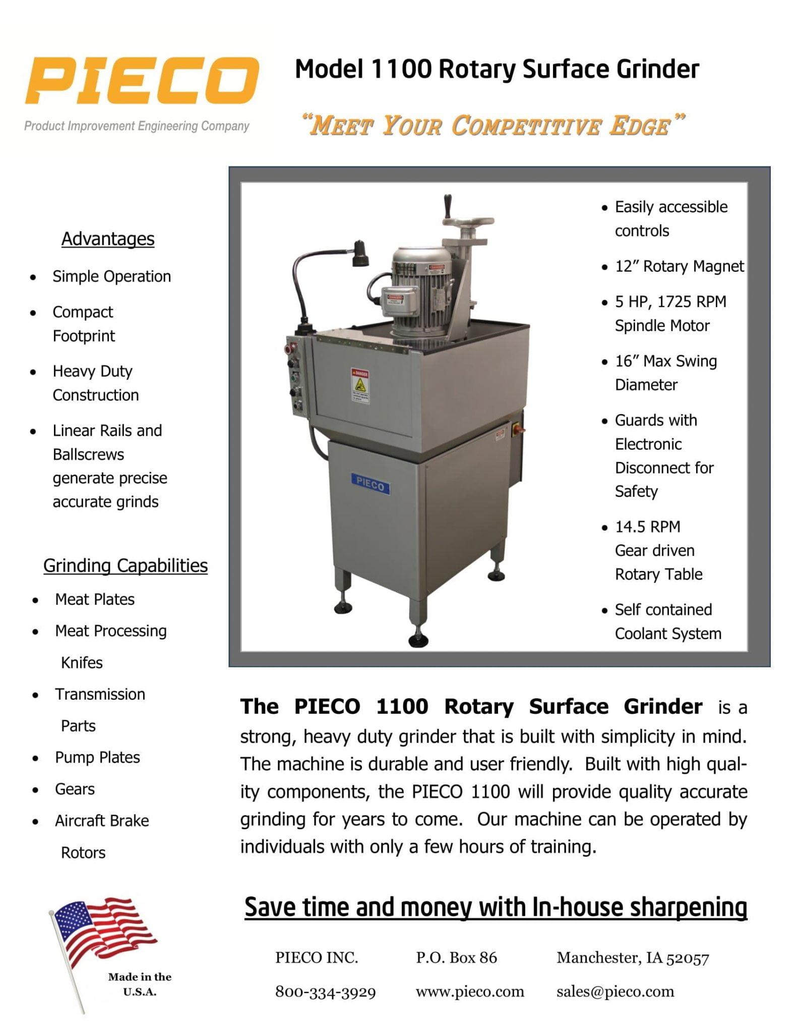 Pieco 1100 Rotary Surface Grinder Brochure | M&M Equipment Corp