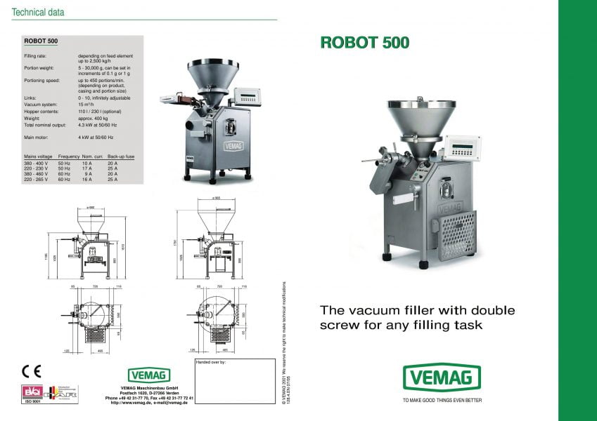 Vemag Robot 500 Vacuum Filler Brochure | M&M Equipment Corp