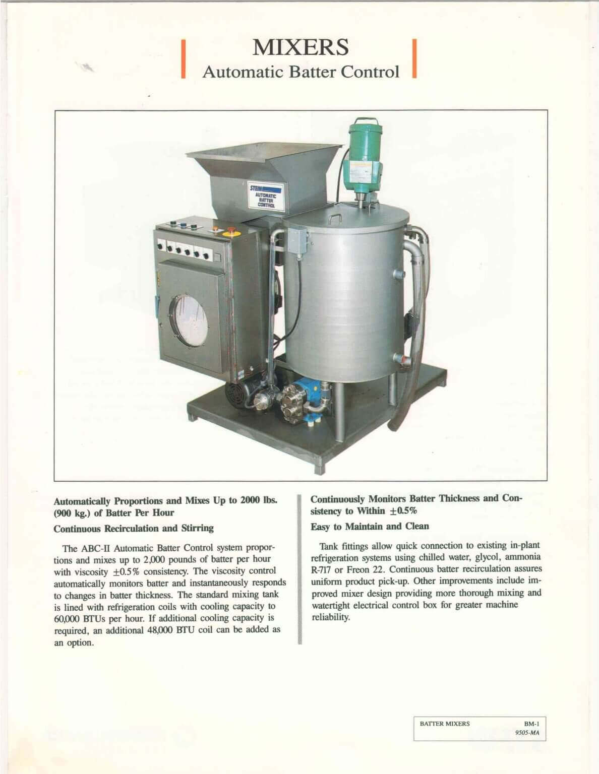 Stein Automatic Batter Control Mixers Brochures | M&M Equipment Corp