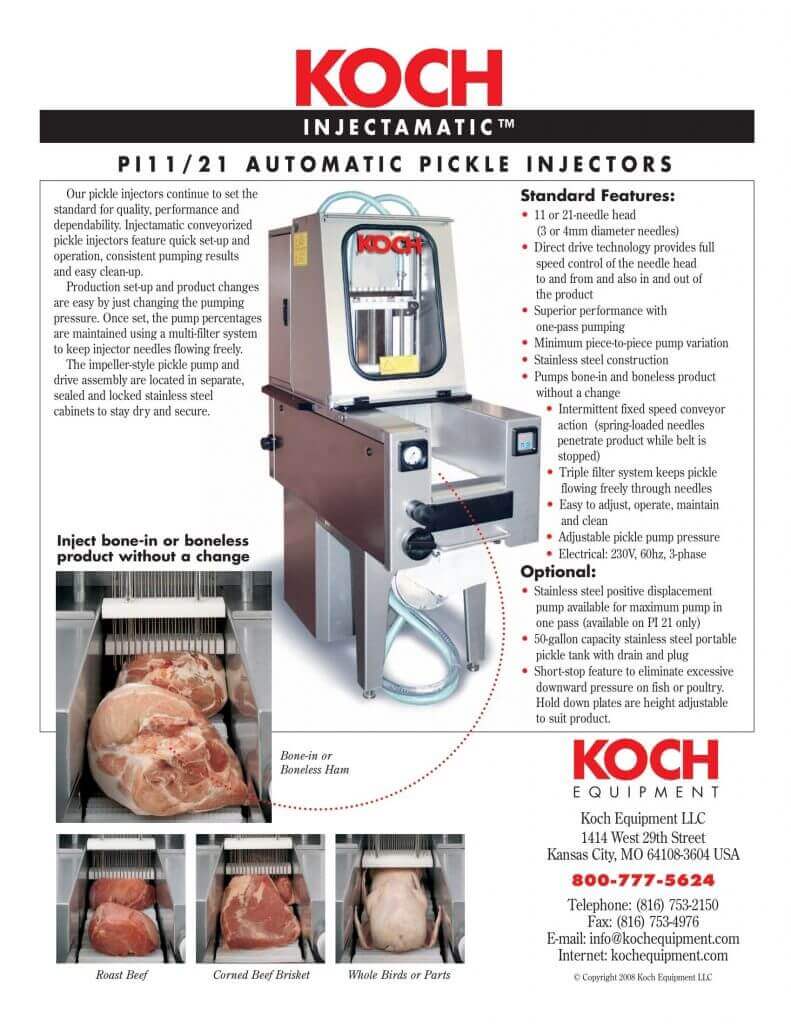 Koch PI11/21 Automatic Pickle Injectors Brochure | M&M Equipment Corp